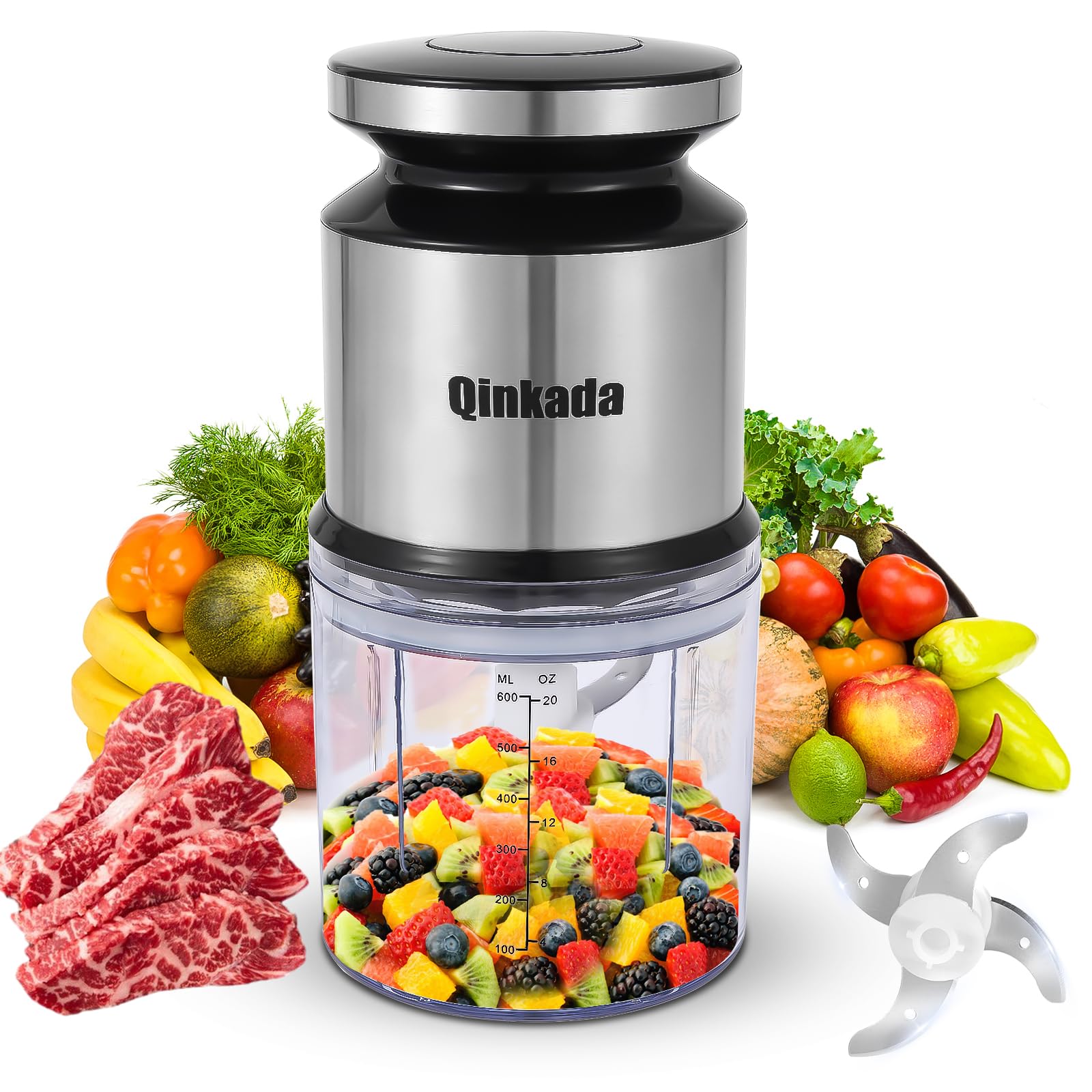 Qinkada Mini Food Processor, 2.5 Cup/ 600 ML Baby Food Maker, 400 W Power Electric Grinder Chopper for Fruit, Vegetable, Meat, Baby Food Puree Blender (Sliver)