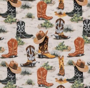 generic western cowboy boot calico cotton fabric by the yard - rodeo ranch old west cowboy hat cowboy boot - precut cotton fabric - one yard, brown