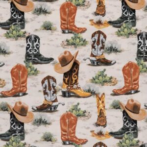 Generic Western Cowboy Boot Calico Cotton Fabric by The Yard - Rodeo Ranch Old West Cowboy Hat Cowboy Boot - Precut Cotton Fabric - One Yard, Brown