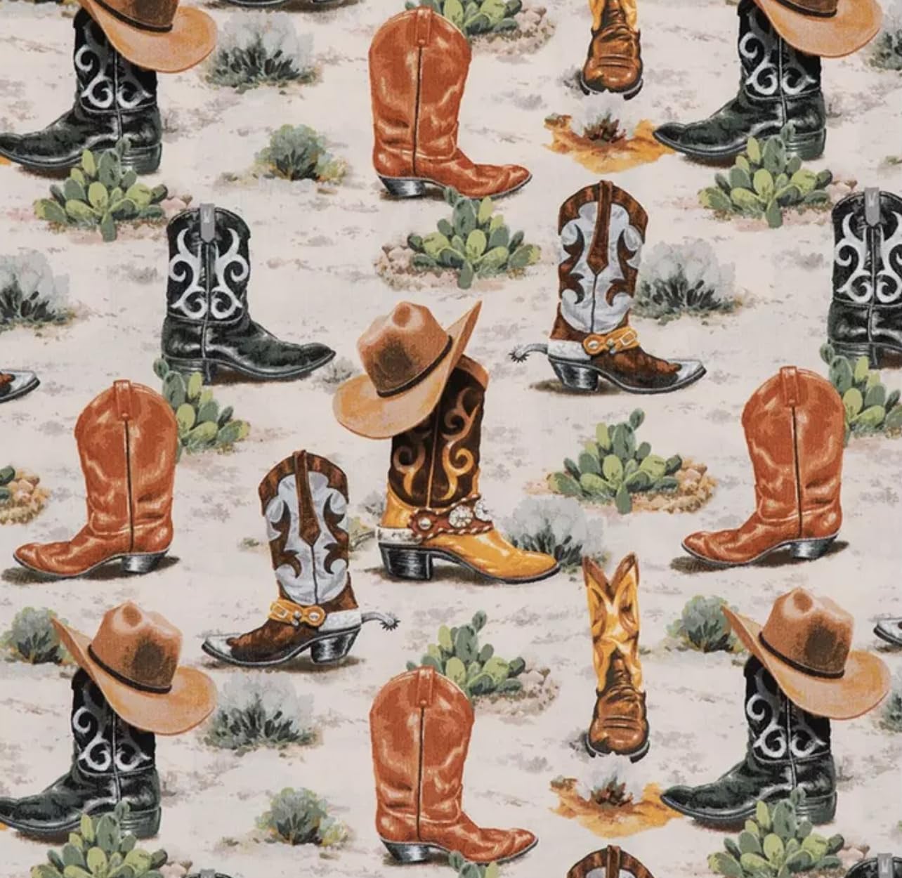 Generic Western Cowboy Boot Calico Cotton Fabric by The Yard - Rodeo Ranch Old West Cowboy Hat Cowboy Boot - Precut Cotton Fabric - One Yard, Brown