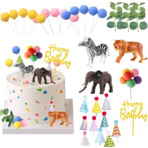 safari animal cake toppers with mini birthday party hat color balls cake decorations for jungle wild themed baby shower birthday party supplies