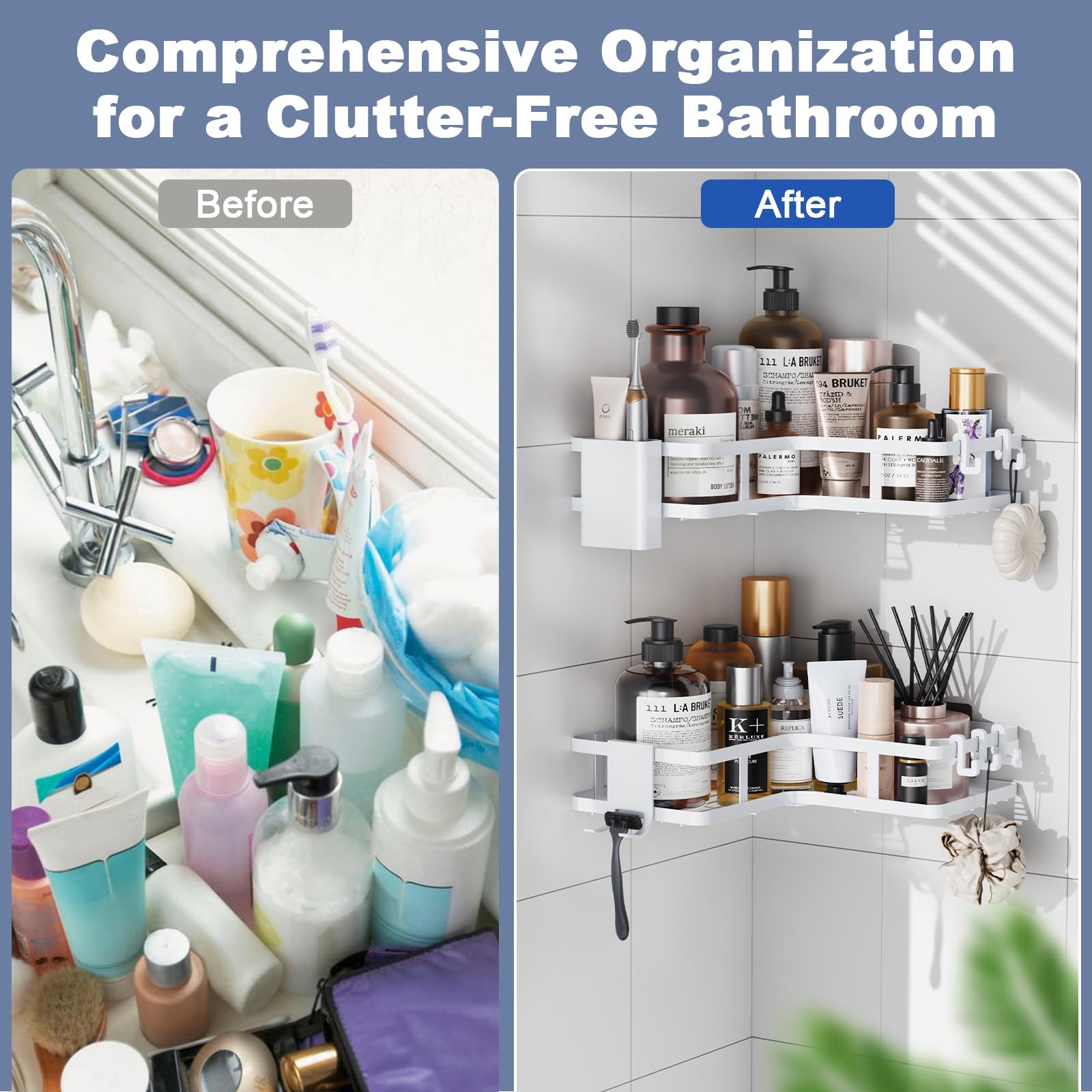 ZUXEFO Corner Shower Caddy Adhesive, Shower Corner Shelves Hanging No Drilling, Wall Mounted Rustproof Bathroom Shampoo Holder Organizer for Inside Shower (Bright White)