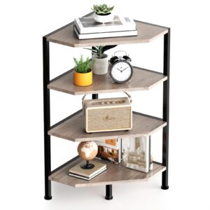 jooleser corner shelf - 4-tier corner bookshelf with metal frame - small corner shelves - wood corner display shelf for living room, bedroom (grey)