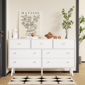 HOUROM White Dresser for Bedroom, Dresser with 7 Drawers, Wood Dressers & Chests of Drawers, Modern Double Dresser with Wide Drawer and Metal Handles