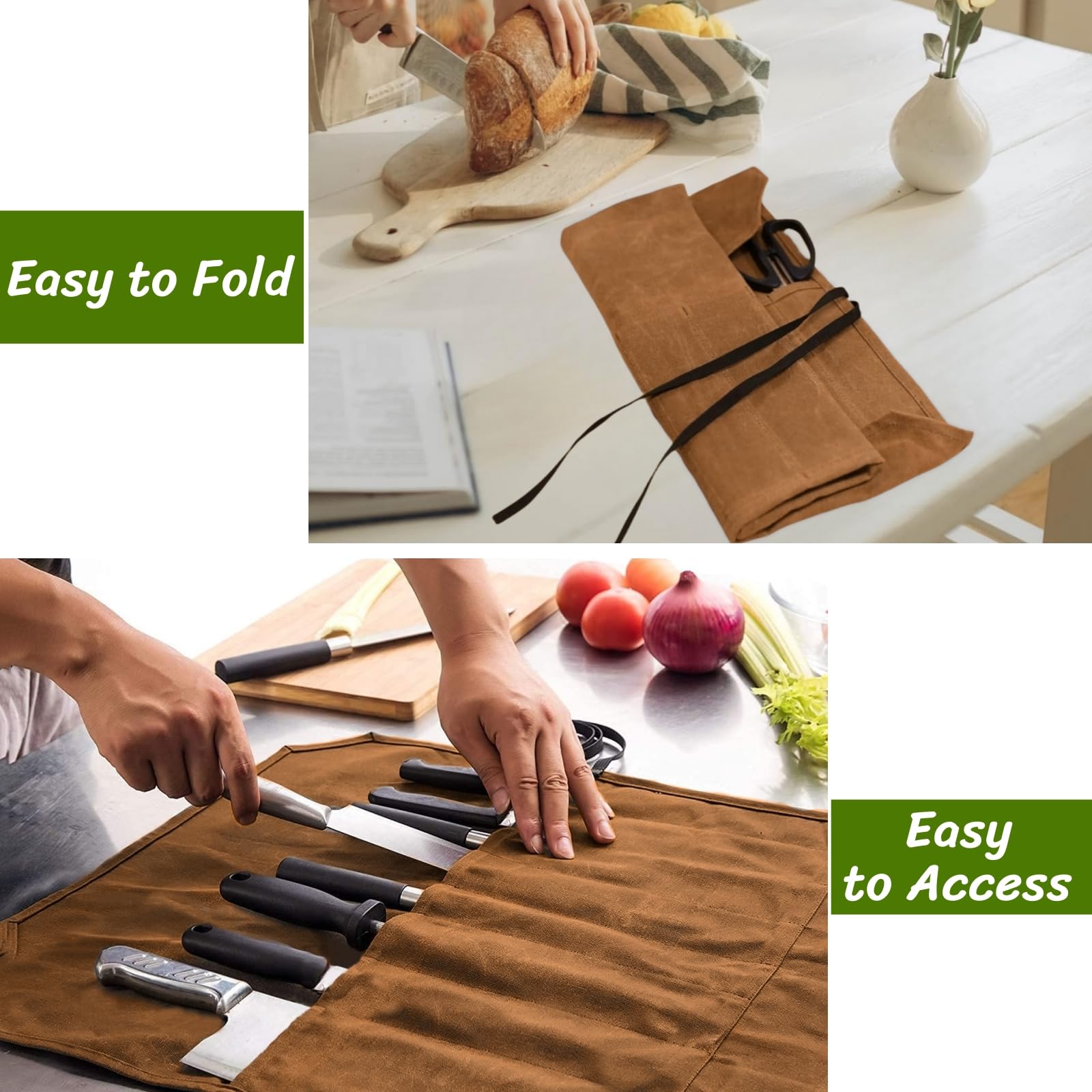 Suaetiai Waxed Canvas Knife Roll Bag,Portable Knife Cultery Carrier,Professional Chef Knife Case,Waterproof Knife Roll Storage Bag with 8 Slots,Holds 8 inch Kitchen Knives for Camping or Working