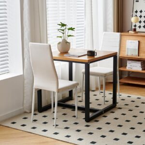 3-Piece Kitchen Dining Room Set, Small Dining Table Set for 2, Wood Square Dining Table with 2 White Faux Leather High Back Chairs for Home Kitchen Living Room Restaurant, Space Saving Dinette