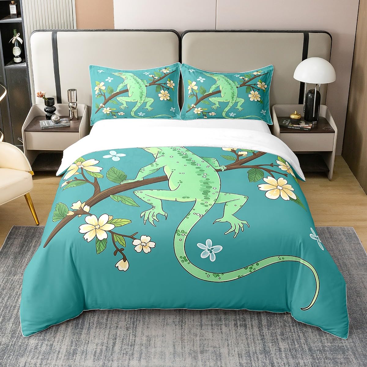 Erosebridal 100% Cotton Kids Funny Lizard Full Duvet Cover for Adult Teens,Teal Blue Chameleon Comforter Cover,Spring Floral Branch Bedding Set,Cartoon Cute Safari Animal Bed Set with 2 Pillowcases