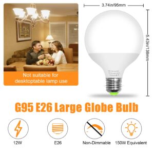 LFLAMPON Led Light Bulb, G95 Globe Bulb,12W(150W Equivalent) Led Bulbs Warm White 3000K Large Globe Light Bulbs, Non-Dimmable, E26 Base, 1500 Lumen, Perfect for Indoor Living Room LED Bulbs, 1-Pack