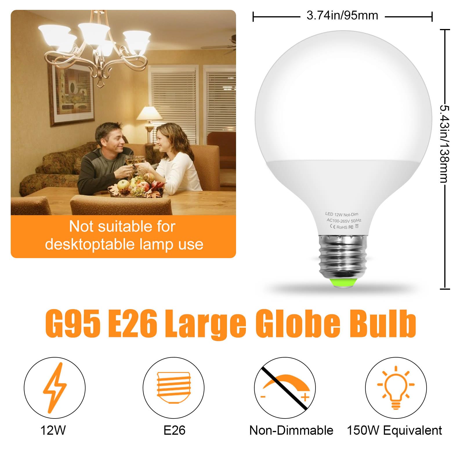 LFLAMPON Led Light Bulb, G95 Globe Bulb,12W(150W Equivalent) Led Bulbs Warm White 3000K Large Globe Light Bulbs, Non-Dimmable, E26 Base, 1500 Lumen, Perfect for Indoor Living Room LED Bulbs, 1-Pack