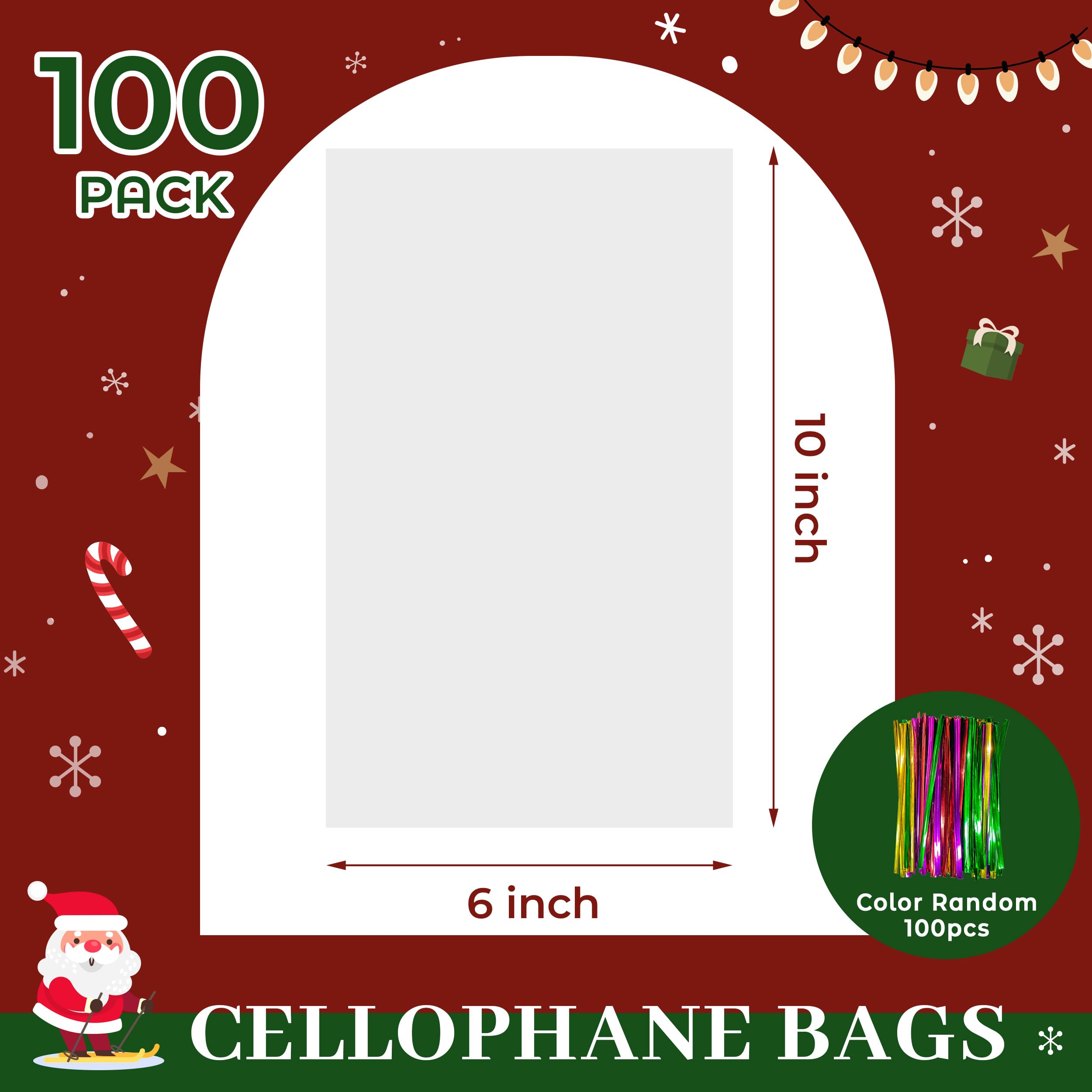 NPLUX 100 Pack Cellophane Bags Small Plastic Cookie Bags Clear Treat Bags with Twist Ties for Small Gift Party Favors,Bakery,Candy,Popcorn(6×10In)