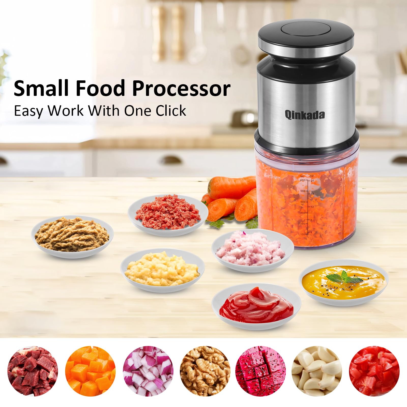 Qinkada Mini Food Processor, 2.5 Cup/ 600 ML Baby Food Maker, 400 W Power Electric Grinder Chopper for Fruit, Vegetable, Meat, Baby Food Puree Blender (Sliver)