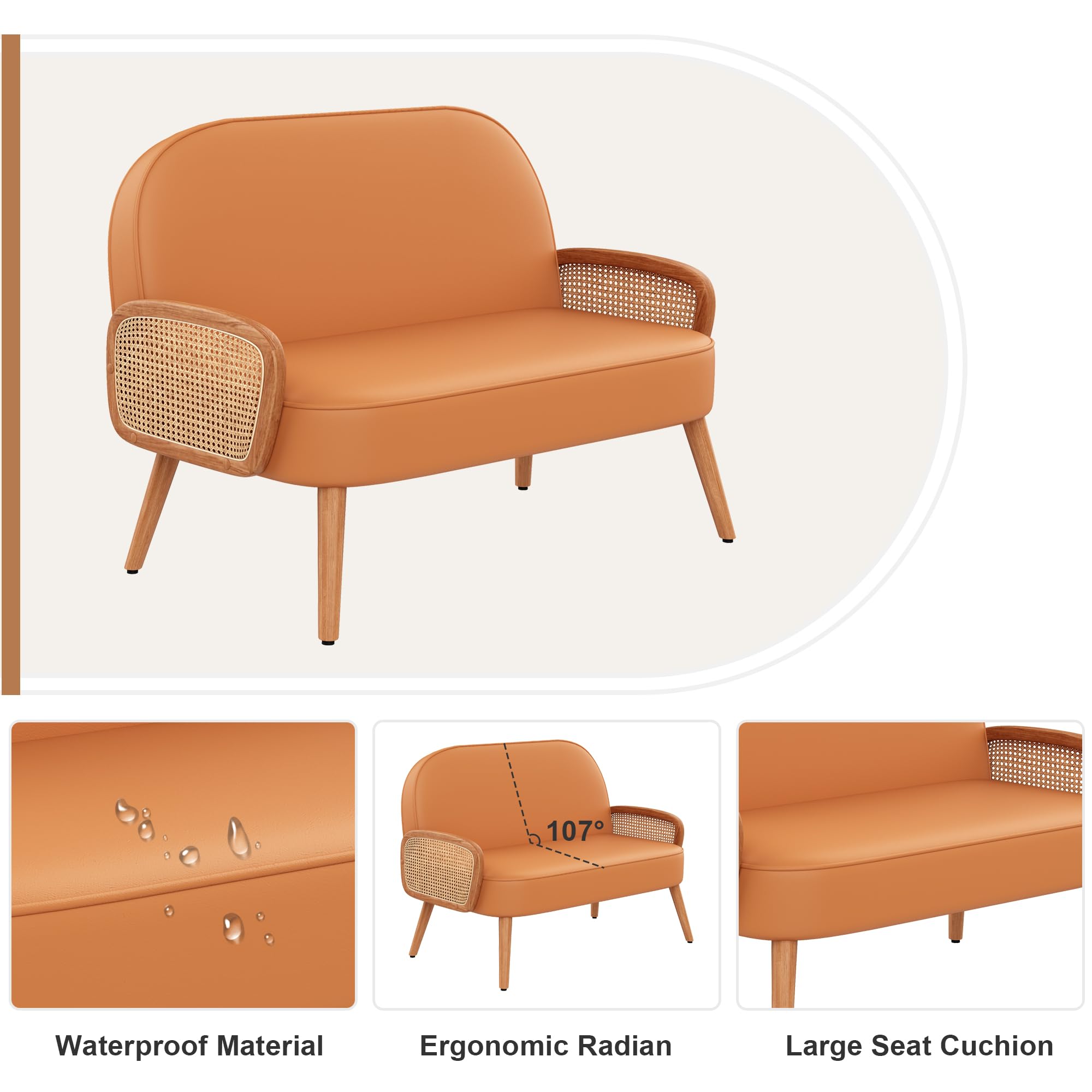 WENTMENT Loveseat Sofa Small Couch for Living Room, Faux Leather Mini Couch Love Seat with Natural Rattan Armrest and Solid Wooden Legs Small Sofa for Small Space, Bedroom, Apartment（Orange）