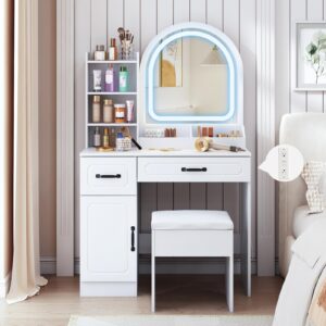 vabches vanity desk vanity mirror makeup desk with lights, vanity desk with mirror and led lights, vanity set with 2 drawers and shelves,2 trays, side cabinet, stool, white