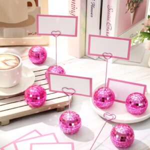 Whaline 60Pcs 2 Inch Disco Ball Table Number Holders Place Cards Set Pink Tented Cards Name Cards Stands with Heart Swirl Wire for Party Table Sign Display Supplies