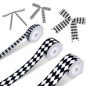 3 rolls black white checkered grosgrain ribbon,plaid buffalo ribbon gift packaging ribbon,crafts racing car theme printed checkered ribbon, for bow,xmas fall tree wrapping,diy wreath decorations