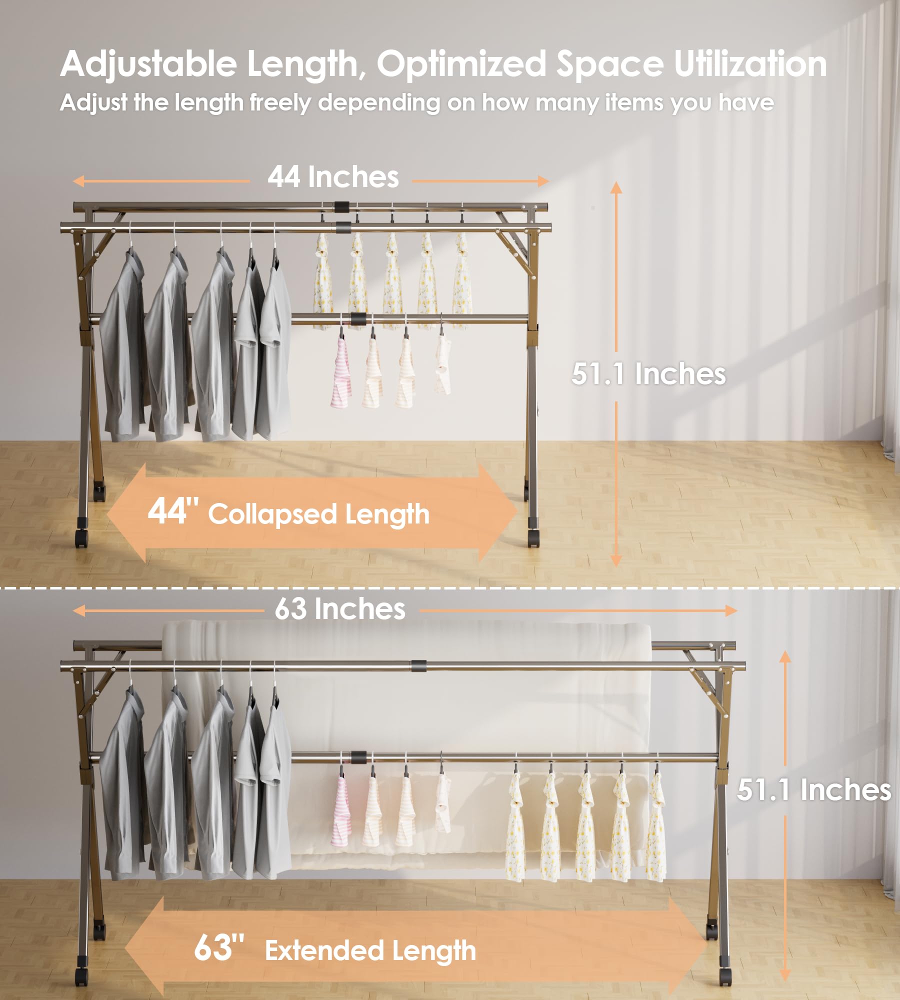 KitchLife Upgraded Clothes Drying Rack with Wheels, No Assembly Required, 63 Inches, Super Heavy Duty 201 Stainless Steel, Adjustable Foldable Laundry Drying Rack