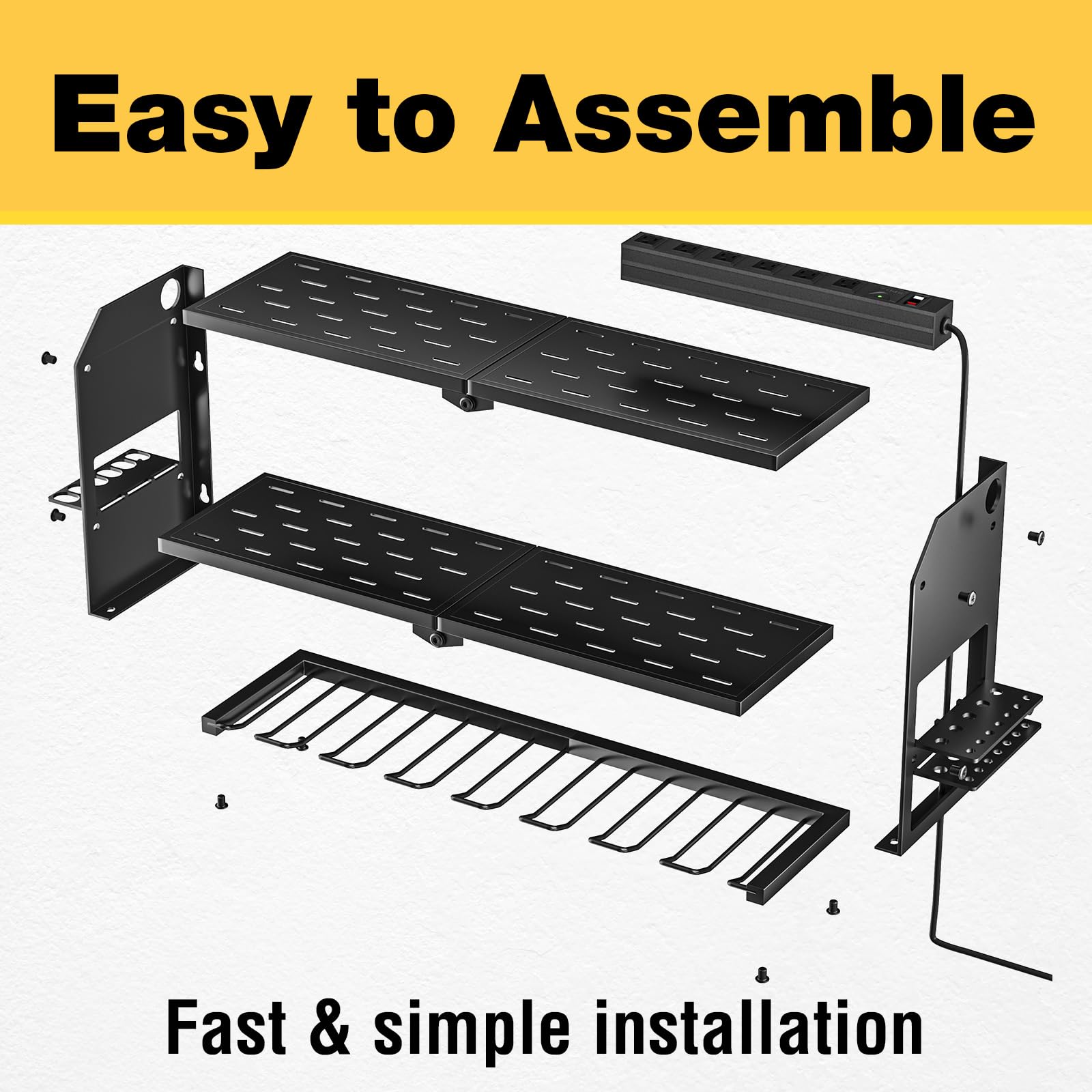 YYR Power Tool Organizer with Charging Station Wall Mount, Cordless Drill and Battery Holder for Garage Organization, Electric Tools Storage Rack Build in Surge Protection Power Strip - Black Shelf