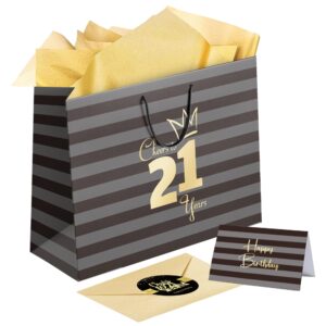 sumerk 1 pc 13" large gift bag with card stickers and tissue paper 21st birthday bag for women men happy 21st birthday gift bag