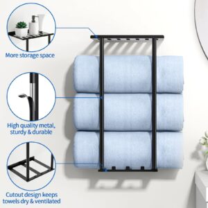 Towel Racks for Bathroom, Metal Wall Mounted Towel Rack Sturdy, Towel Storage for Bathroom Rustproof Towel Holder with Hook, Lavatory Bathroom Storage for Large Towels/Rolled Towels - Black