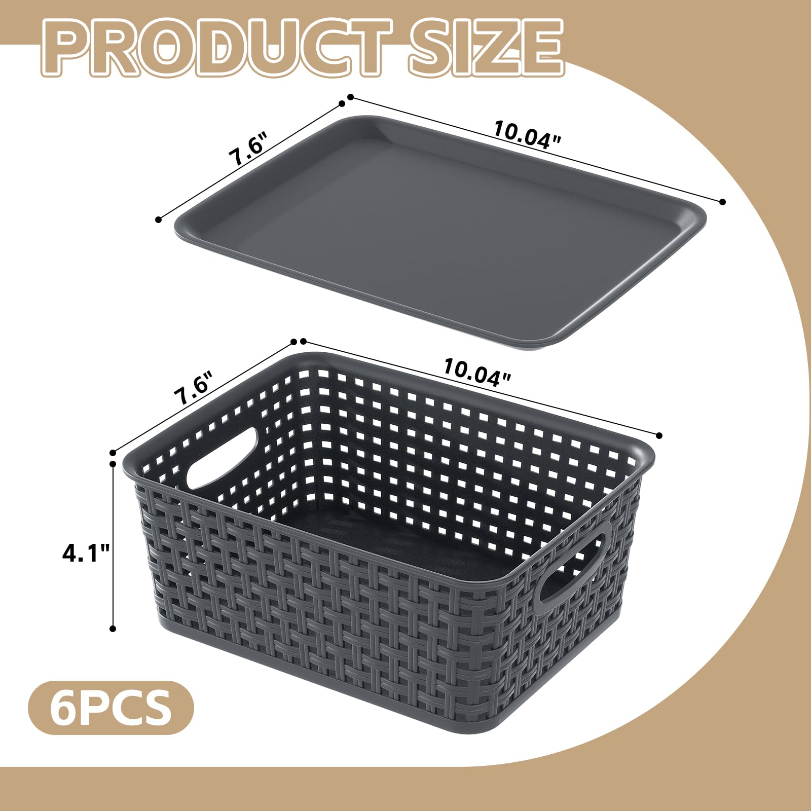 Xyskin 6 Pack Plastic Storage Baskets with Lid, Lidded Organizer Shelf Basket Bin for Shelves Drawers Desktop, Grey