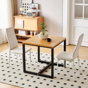 3-piece kitchen dining room set, small dining table set for 2, wood square dining table with 2 white faux leather high back chairs for home kitchen living room restaurant, space saving dinette