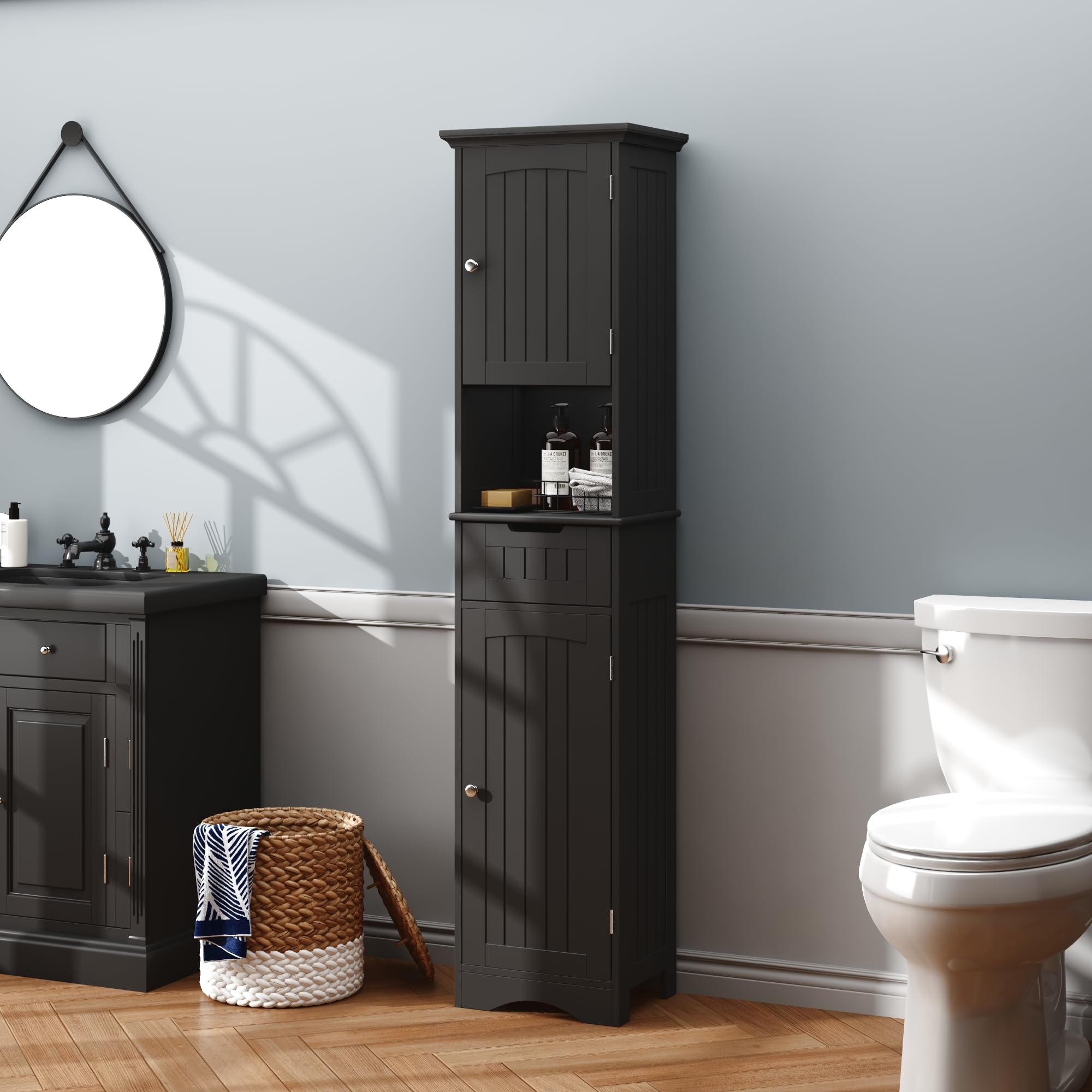 ChooChoo 67" Tall Bathroom Storage Cabinet Freestanding with Adjustable Shelves, Narrow Storage Linen Cabinet with 2 Doors and 1 Drawers for Bathroom, Living Room, Kitchen, Black