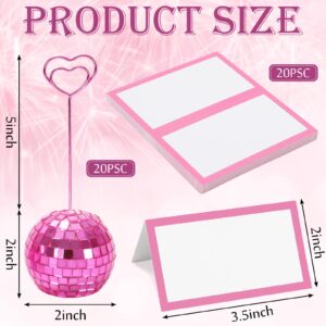 Whaline 60Pcs 2 Inch Disco Ball Table Number Holders Place Cards Set Pink Tented Cards Name Cards Stands with Heart Swirl Wire for Party Table Sign Display Supplies