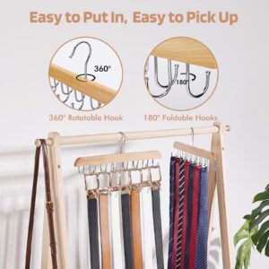 NECAMOCU Belt Hanger, Natural Wooden Belt Organizer for Closet, 360° Rotating Tie & Belt Rack for Storage with 14 Hooks, Sturdy Belt Holder Space Saver for Belt, Tie, Bra, Scarf, Tank Top Accessories