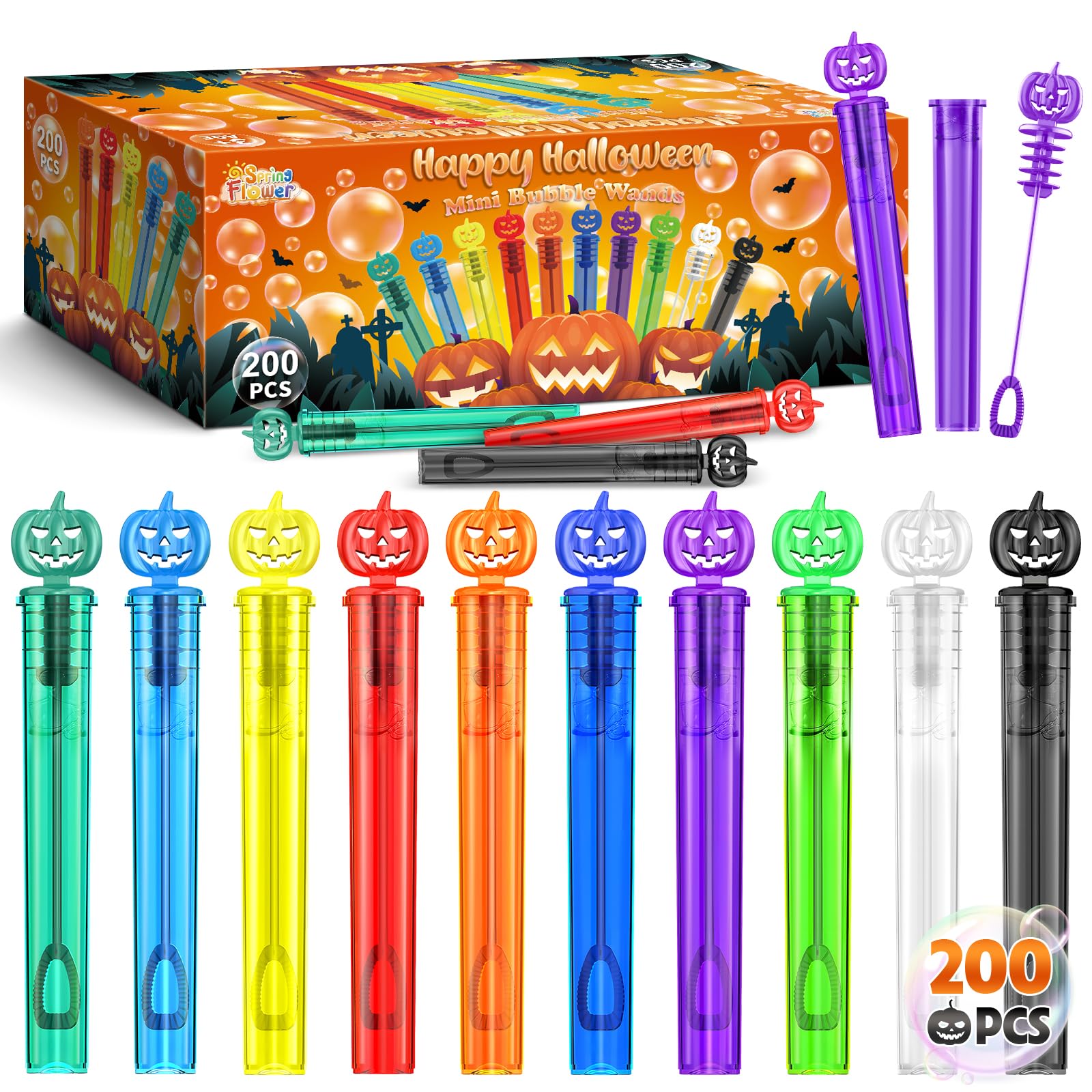 SpringFlower 200 PCS Halloween Mini Bubble Wands, Halloween Party Favor for Kids Trick Or Treating, Halloween Goodie Bag Fillers, School Classroom Rewards, Halloween Toys Gifts for Kids