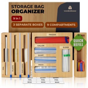 bamboo storage bag organizer, 9 in 1 sandwich bag organizer - foil and plastic wrap bamboo organizer with labels included by woodenhouse