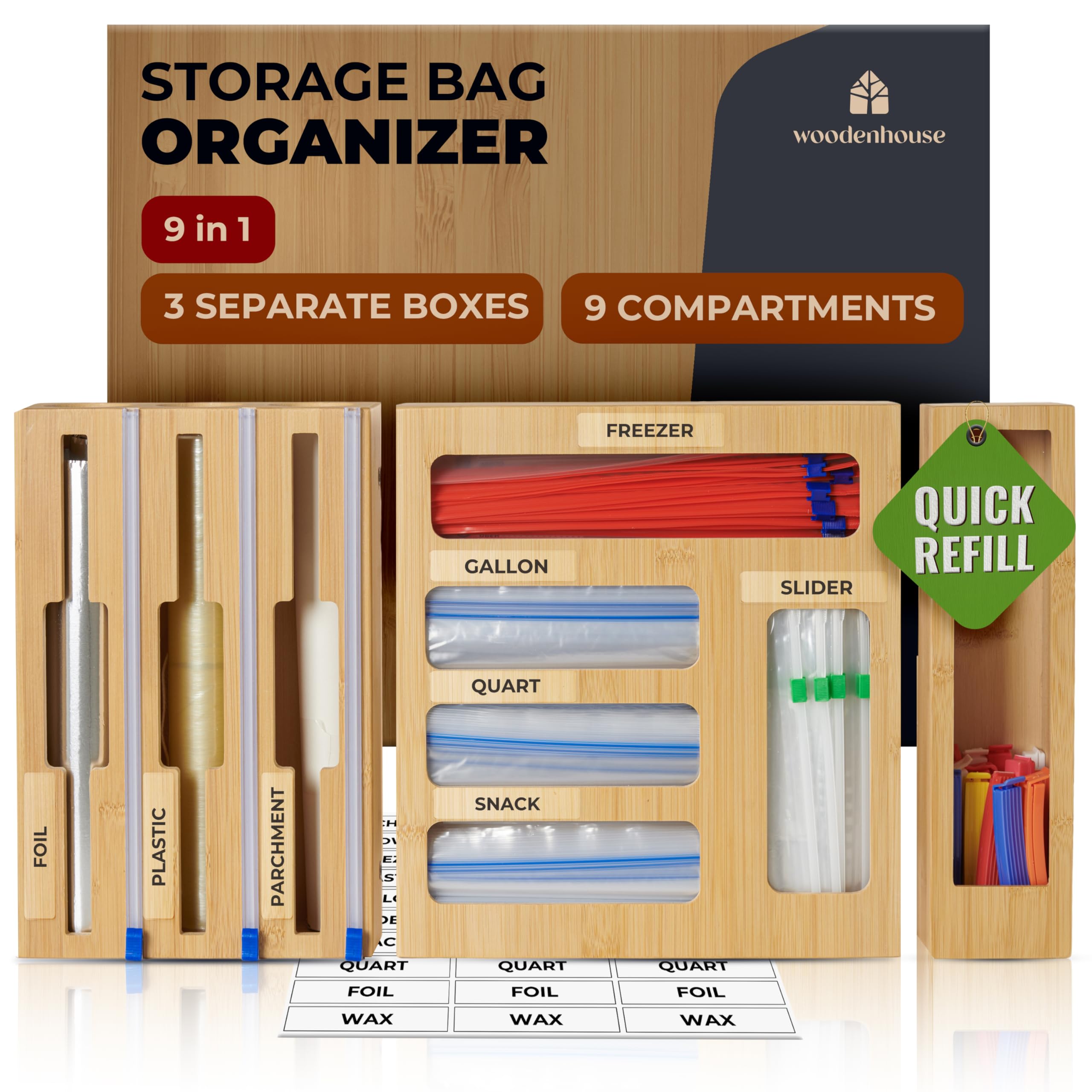 Bamboo Storage Bag Organizer, 9 in 1 Sandwich Bag Organizer - Foil and Plastic Wrap Bamboo Organizer with Labels Included by Woodenhouse