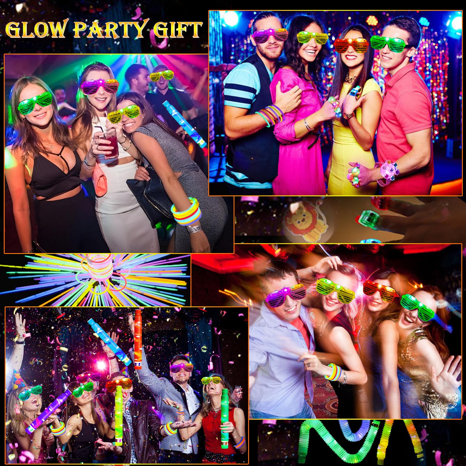 105Pcs Glow in the Dark Party Supplies, Neon Party Favors Rings Glasses Glow Bracelet Headband Finger Lights Glow Stick Light Up Tube Wedding Concert Bash Birthday Graduation Glow Party