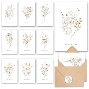 Wildflower Thank You Cards with Envelopes (20 pack 4"x6") - Floral Thank You Cards with Adhesive Envelope & Matching Stickers - Thank You Cards for Birthday, Wedding, Bridal Showers, Baby Showers