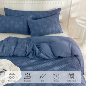 JELLYMONI Blue Duvet Cover Queen Size - 3 PCS Microfiber Tufted Duvet Cover Set, Boho Textured Duvet Cover Jacquard Rhombus Geometric Pattern Duvet Cover with Corner Ties & Zipper Closure