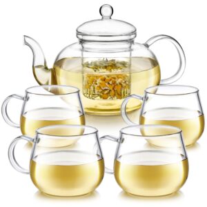 teabloom heatproof glass teapot set with removable loose tea infuser (standard size: 32oz/946ml) and four borosilicate glass teacups (7oz/207ml) - lead-free blossoms glass tea set