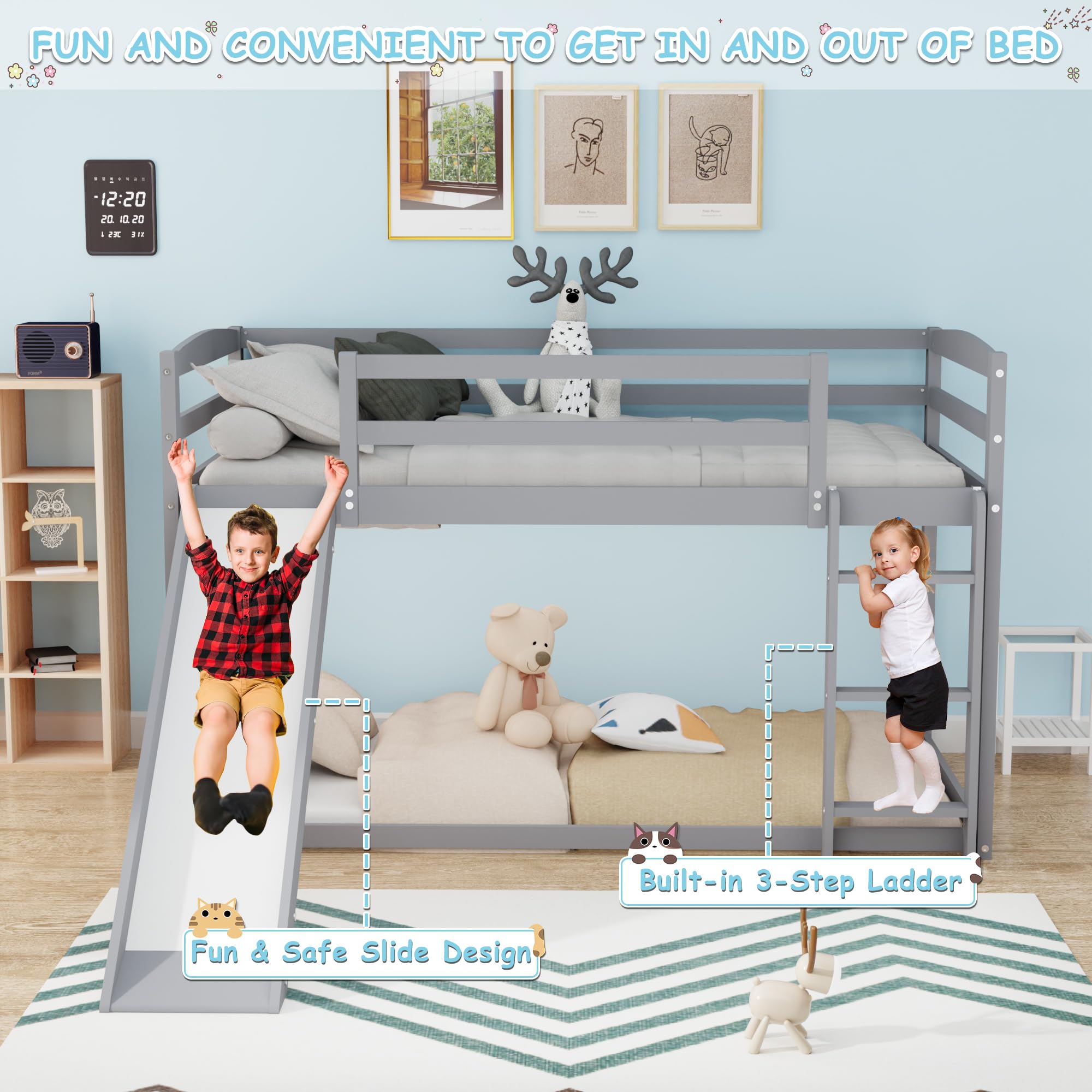 DreamBuck Twin Over Twin Bunk Bed with Convertible Slide and Ladder, Wooden Low Bunk Bed for Kids Teens with Safety Guardrails, Floor Bunk Bed for Boys Girls, Space Saving & Easy Assembly, Grey