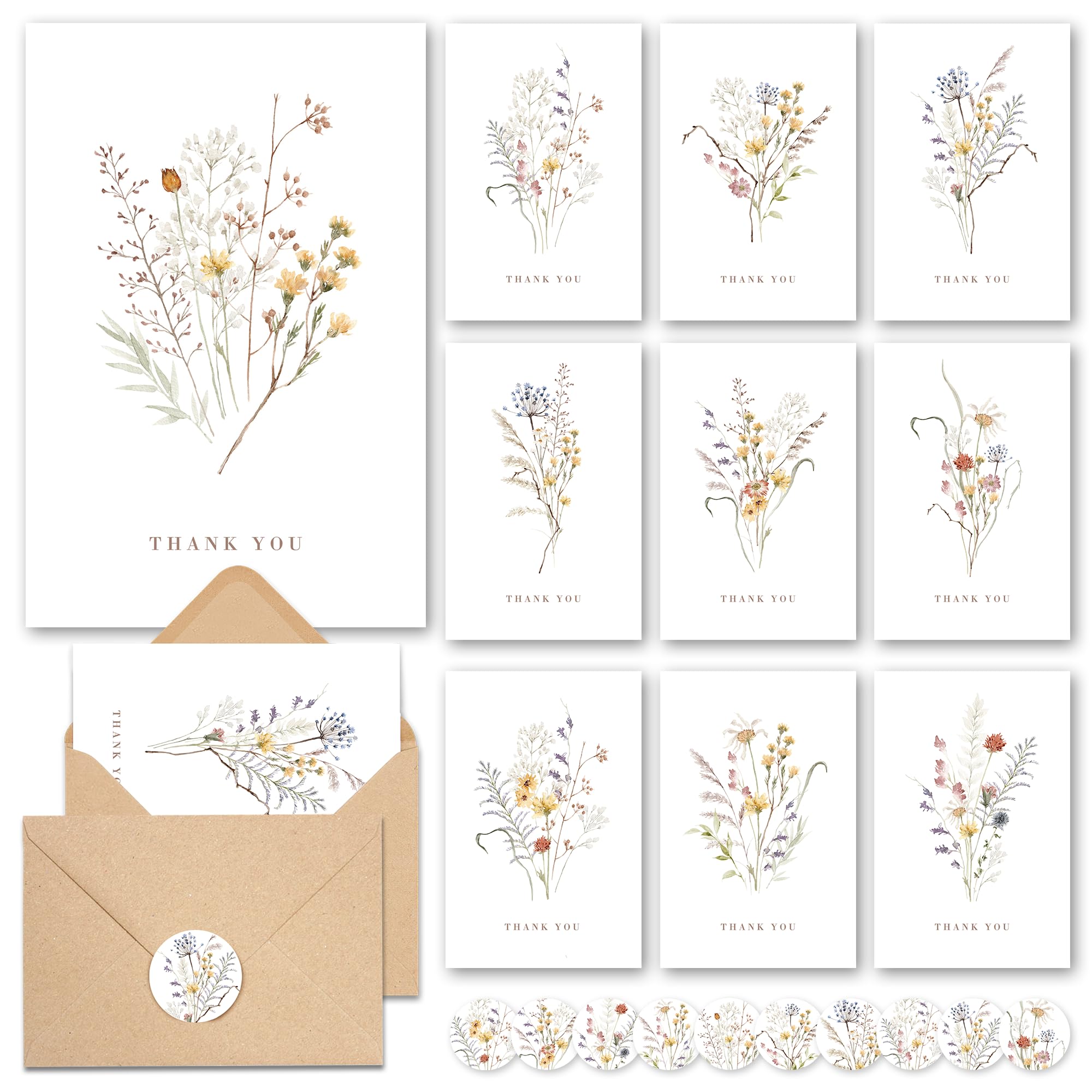 Wildflower Thank You Cards with Envelopes (20 pack 4"x6") - Floral Thank You Cards with Adhesive Envelope & Matching Stickers - Thank You Cards for Birthday, Wedding, Bridal Showers, Baby Showers