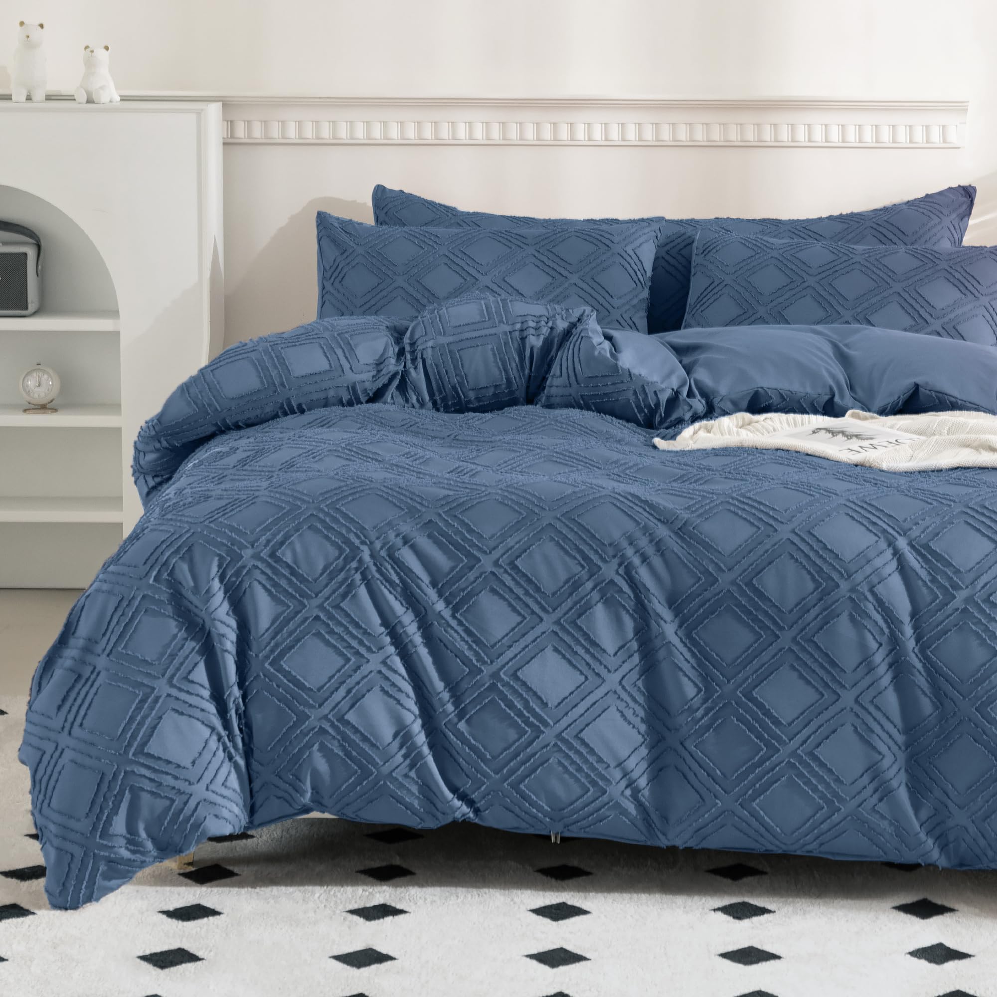 JELLYMONI Blue Duvet Cover Queen Size - 3 PCS Microfiber Tufted Duvet Cover Set, Boho Textured Duvet Cover Jacquard Rhombus Geometric Pattern Duvet Cover with Corner Ties & Zipper Closure