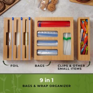 Bamboo Storage Bag Organizer, 9 in 1 Sandwich Bag Organizer - Foil and Plastic Wrap Bamboo Organizer with Labels Included by Woodenhouse