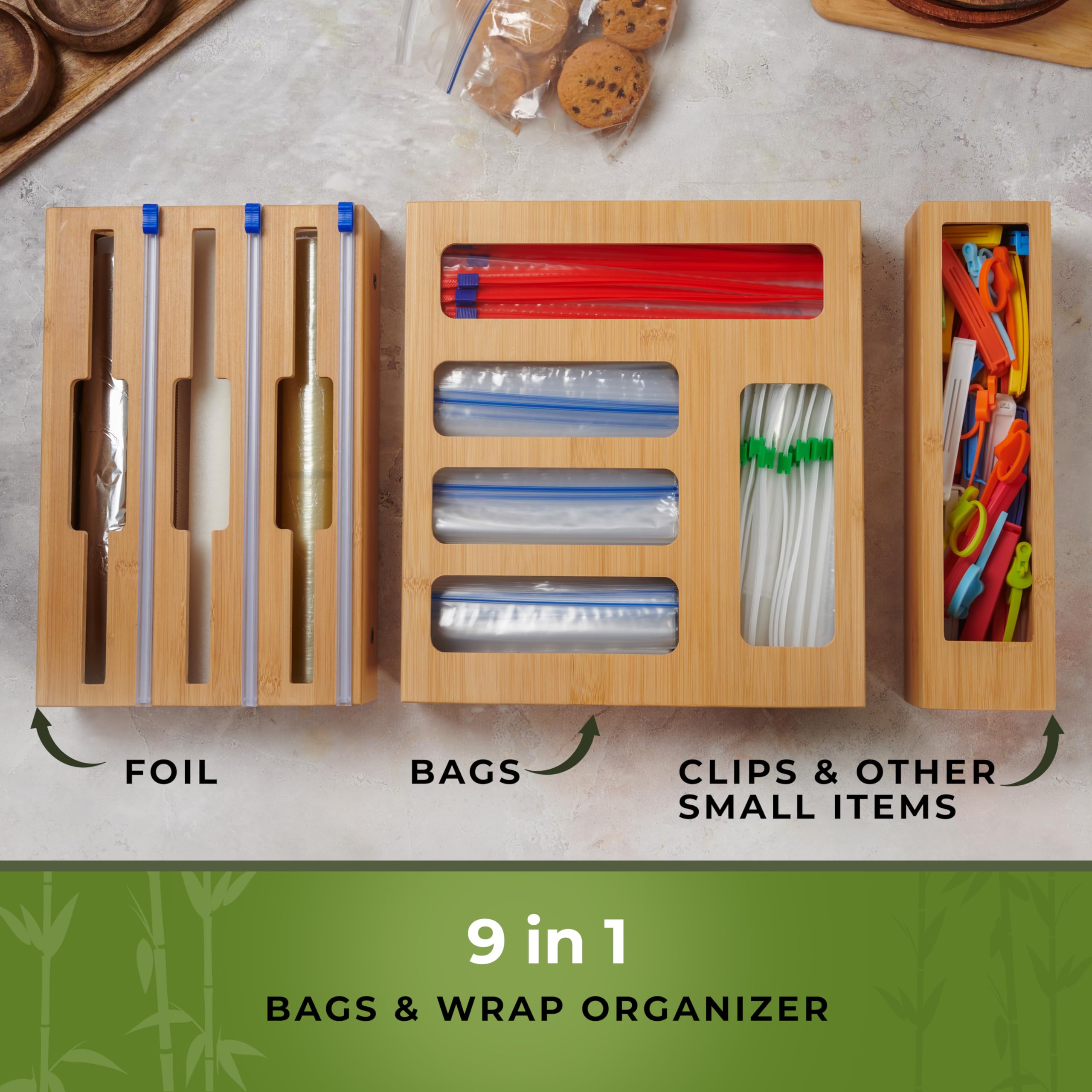 Bamboo Storage Bag Organizer, 9 in 1 Sandwich Bag Organizer - Foil and Plastic Wrap Bamboo Organizer with Labels Included by Woodenhouse