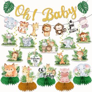 larrazabal jungle wild animal baby shower decorations, no-diy animals banner, hanging swirls and honeycomb centerpieces, wild safari baby shower decorations