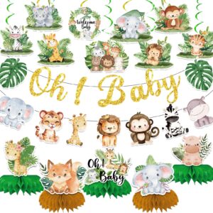 jungle wild animal baby shower decorations, wild one birthday decorations include animals banner, hanging swirls and honeycomb centerpieces, wild safari baby shower decorations