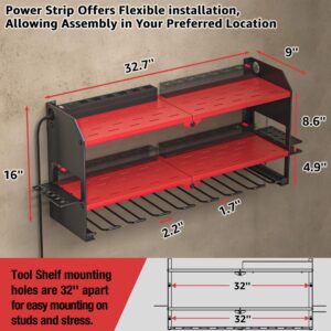 YYR Power Tool Organizer with Charging Station Wall Mount, Cordless Drill and Battery Holder for Garage Organization, Electric Tools Storage Rack Build in Surge Protection Power Strip - Red Shelf