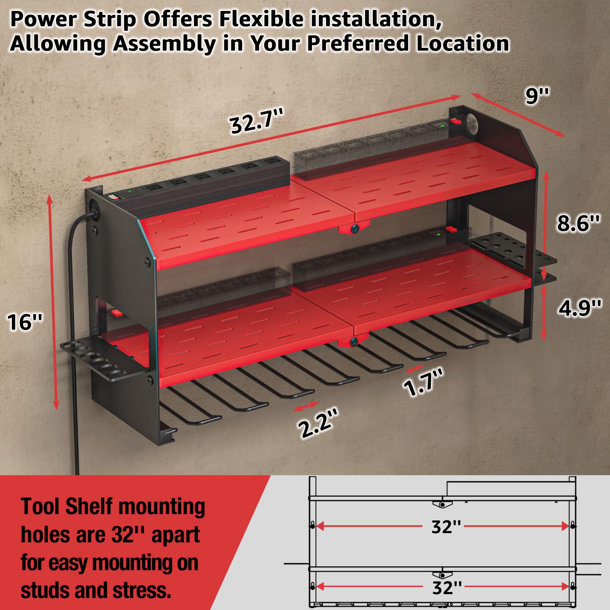 YYR Power Tool Organizer with Charging Station Wall Mount, Cordless Drill and Battery Holder for Garage Organization, Electric Tools Storage Rack Build in Surge Protection Power Strip - Red Shelf