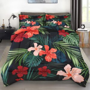 pamnest comforter set king size, tropical plants hibiscus soft 3 pcs bedding set for kids and adults, summer colorful hawaiian comforter set with pillowcase, for bedroom bed decor