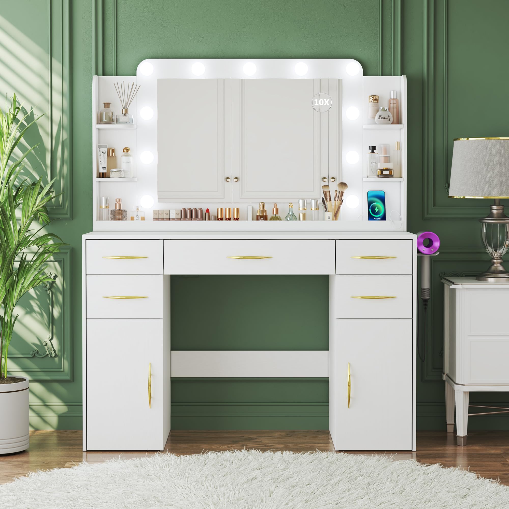 ALEXNUTRE Make up Vanity Desk with Mirror and Lights, Vanity with Lights 3 Models Settings, Vanity with Power Outlet, Vanity Desk with 5 Drawers, 2 Cabinets, Shelves, Makeup Vanity for Bedroom, White