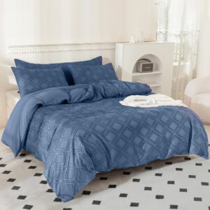 JELLYMONI Blue Duvet Cover Queen Size - 3 PCS Microfiber Tufted Duvet Cover Set, Boho Textured Duvet Cover Jacquard Rhombus Geometric Pattern Duvet Cover with Corner Ties & Zipper Closure