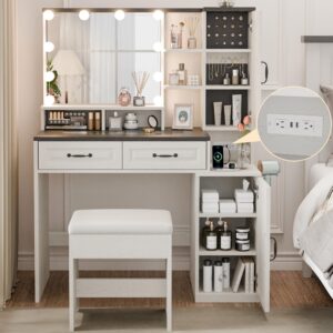 mu makeup vanity desk with mirror and lights, white vanity table set with charging station, glass top vanity with 2 drawers, 2 cabinets and multi-shelf, 3 lighting modes large mirror