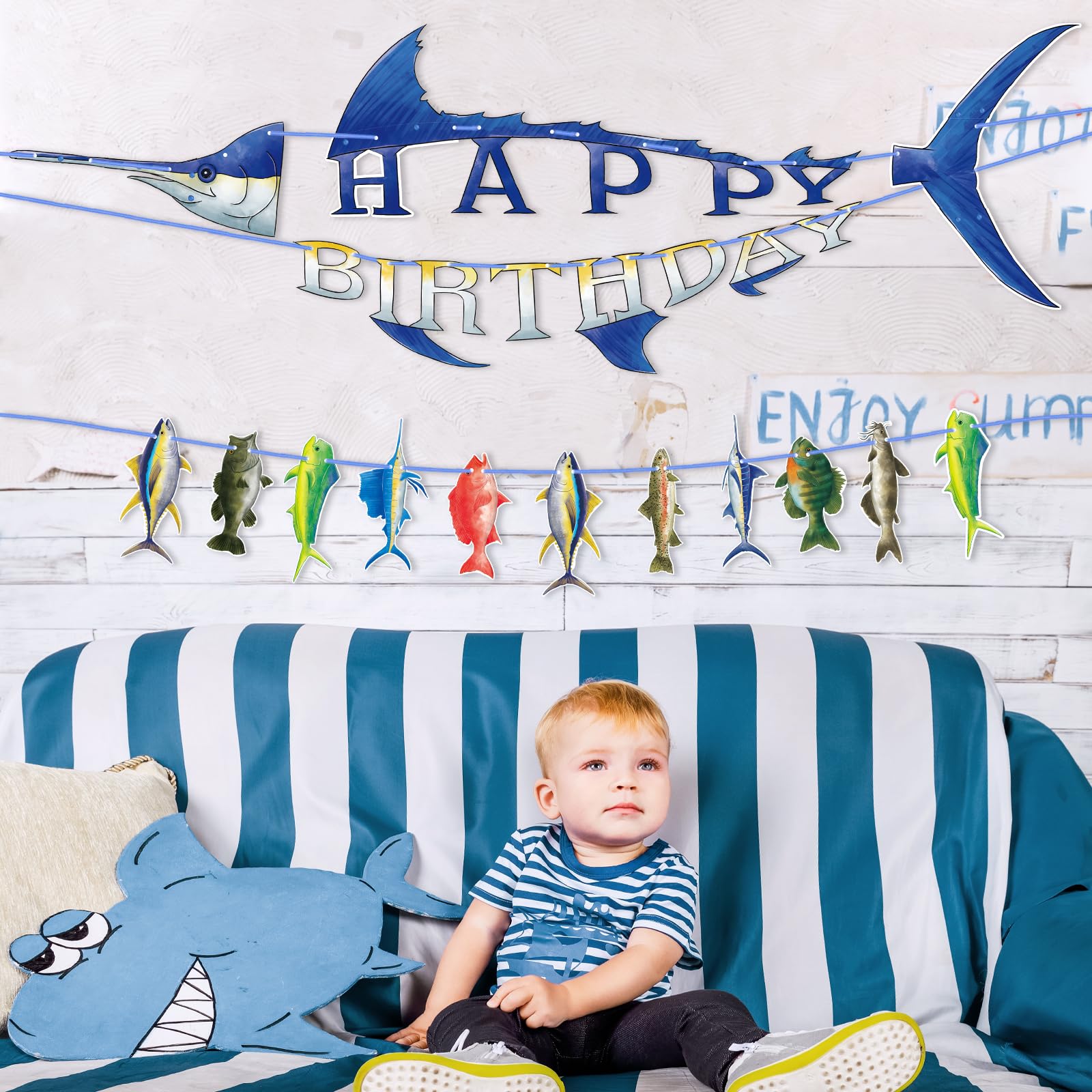 WERNNSAI Fishing Happy Birthday Party Banner - Gone Fishing String Hanging Banner with Pre-strung Fishing Banner Supplies for Boys Litter Fisherman Birthday Party Hanging Wall Decorations