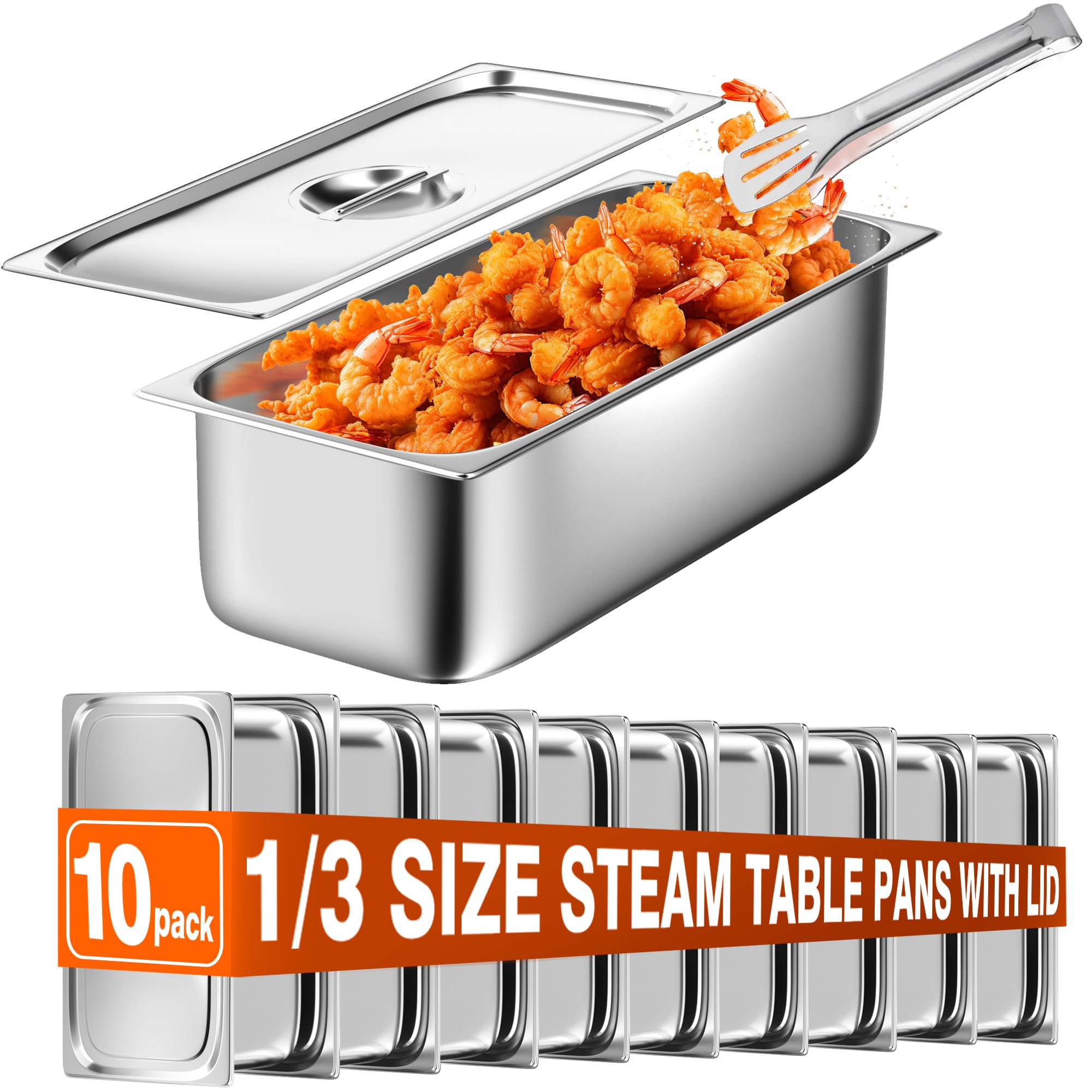 WantJoin 1/3 Size Hotel Pans with lids,10 Pack 6" Inch Deep Commercial Steam Table Pans Third Size with lids,Stainless Steel Steam Pan Restaurant Anti Clogging Steamer for Party,Restaurant,Hotel